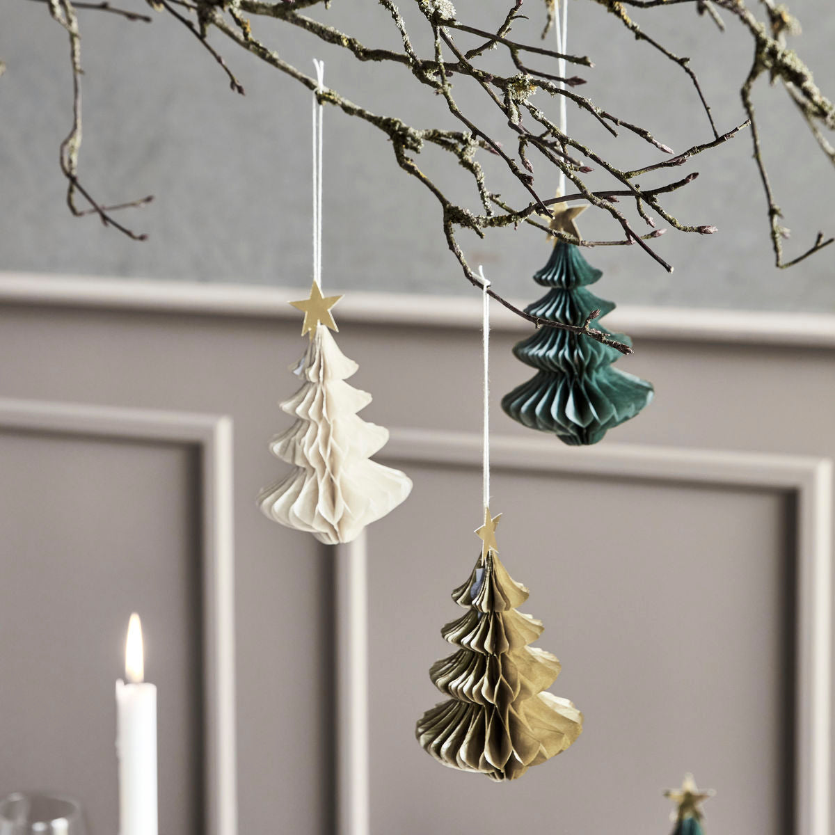 6 Ivory Hanging Christmas Tree Paper Decorations With Gold Star – The Danes