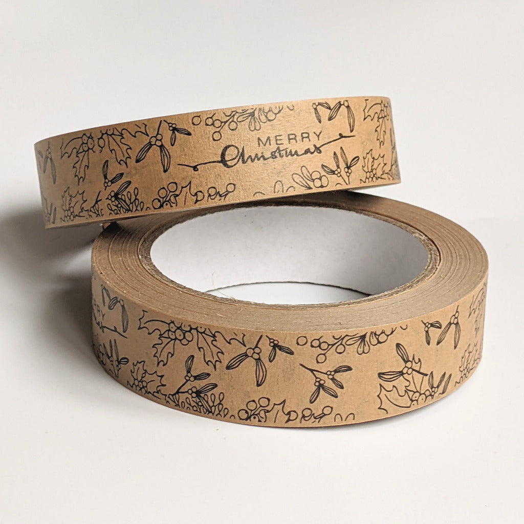 Merry Christmas & Foliage Kraft Paper Tape 24mm x 50mtr | Gift Wrapping ...