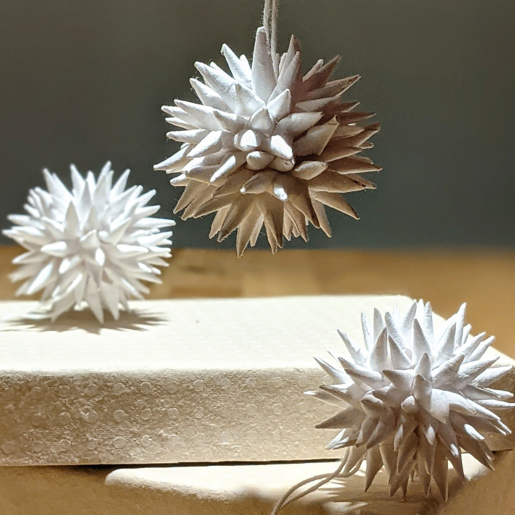 6 White Spiky Paper Bauble Decorations | Fair Trade – The Danes